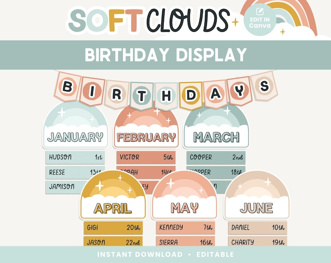 Boho Rainbow Birthday Classroom Display | Classroom Monthly Birthday ...