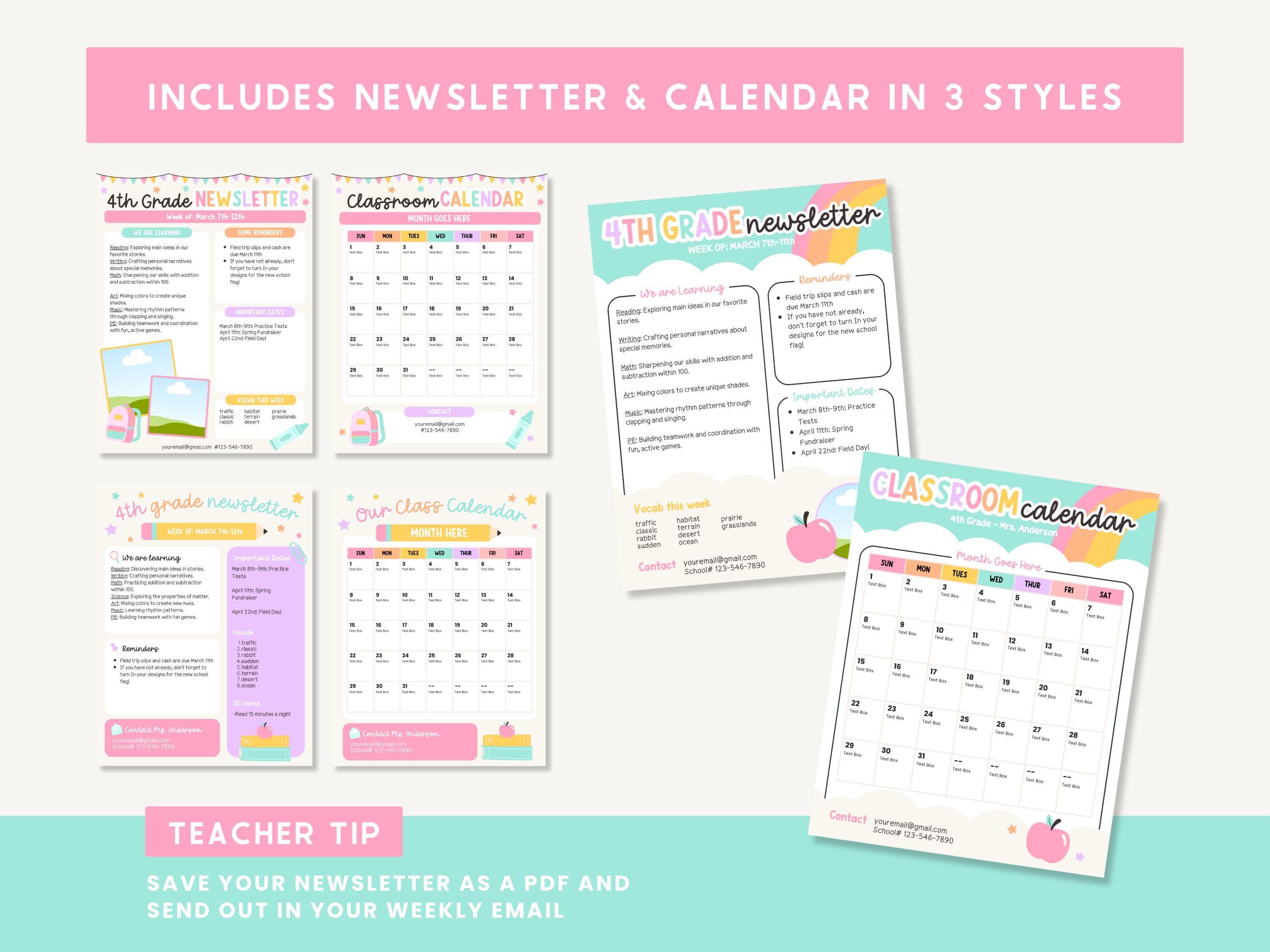 Classroom Newsletter Editable Templates, Back to School, Calendar ...