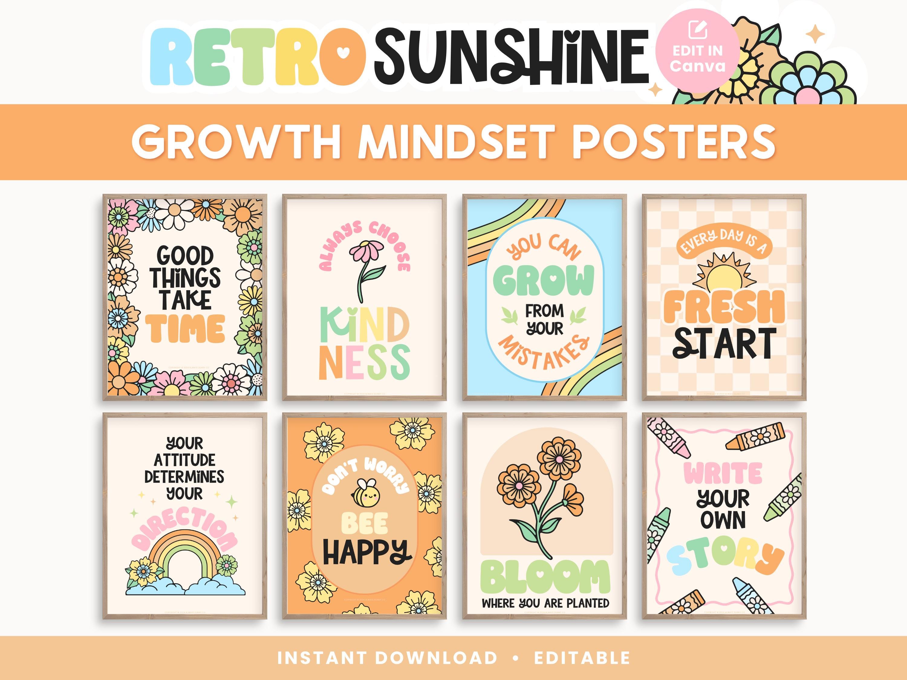 Growth Mindset Posters Editable Canva | Retro Sunshine Classroom Decor ...