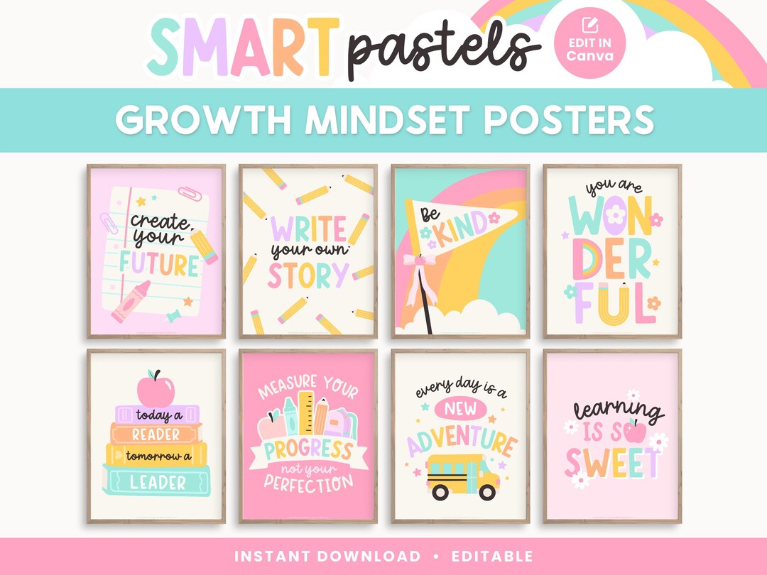 Growth Mindset Editable Classroom Printable Posters, Bright Pastel ...