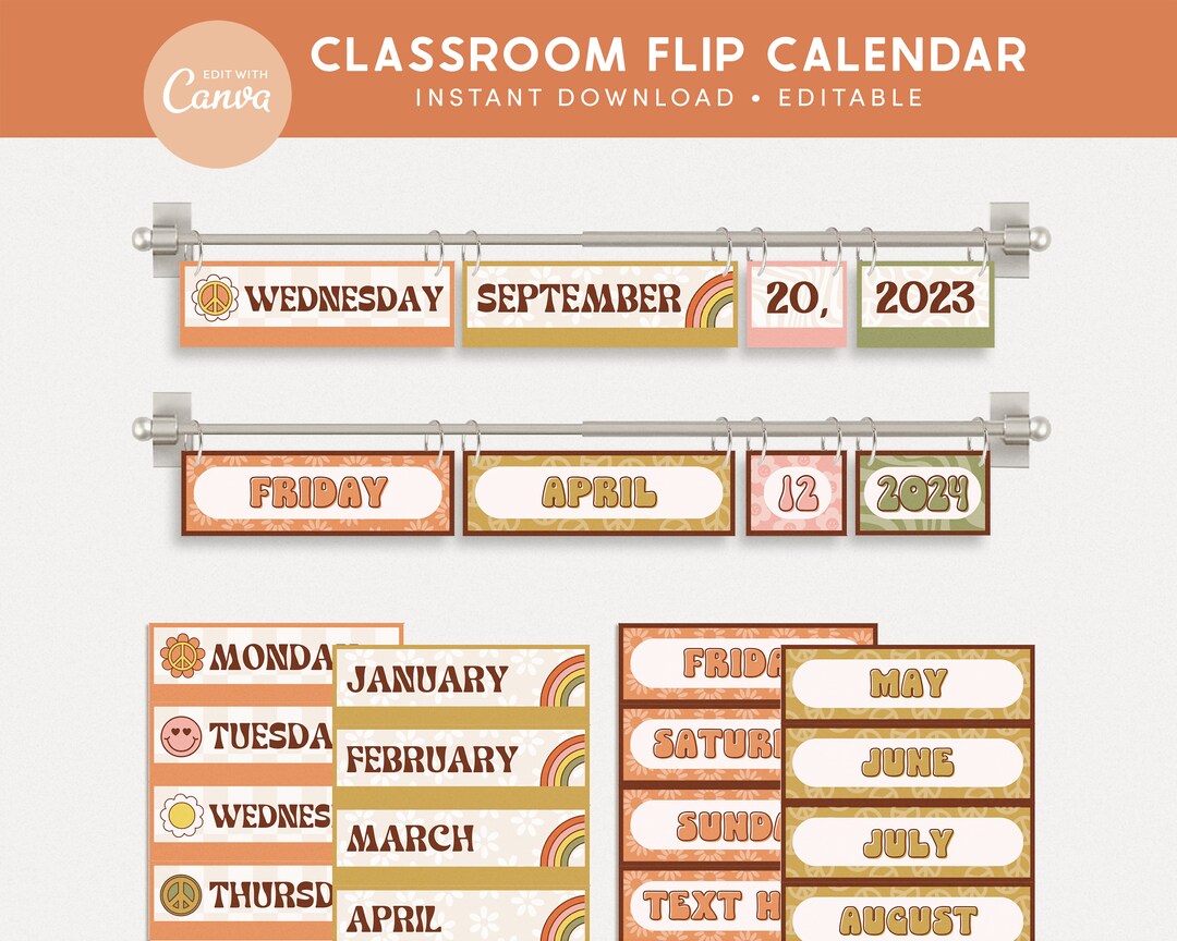 Classroom Flip Calendar Display, Retro Groovy Classroom Decor, Editable ...