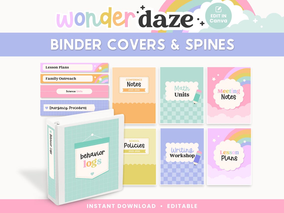Classroom Binder Covers and Spines, Editable Pastel Cute Teacher ...