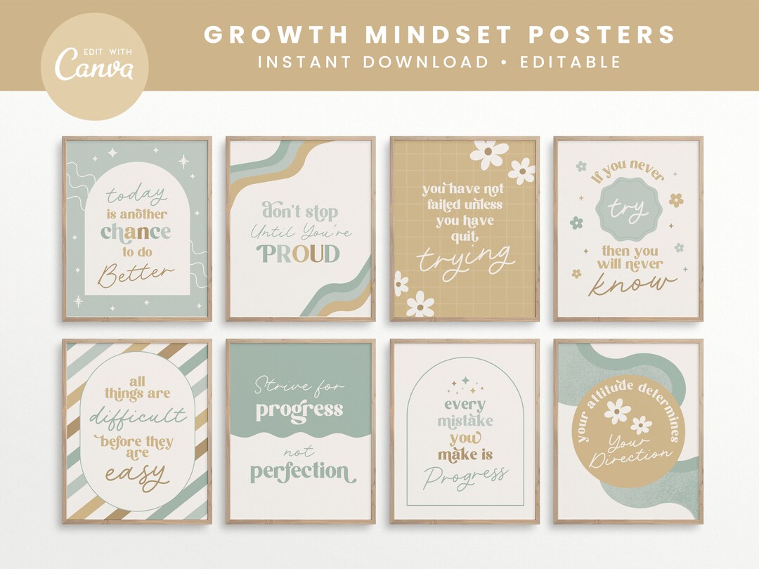 Growth Mindset Editable Classroom Printable Posters, Boho Cute ...