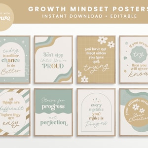 Growth Mindset Editable Classroom Printable Posters, Boho Cute ...