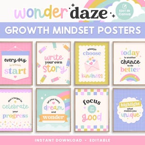 Growth Mindset Editable Classroom Printable Posters, Trendy Colorful ...
