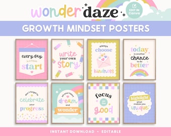 Growth Mindset Editable Classroom Printable Posters, Bright Rainbow ...