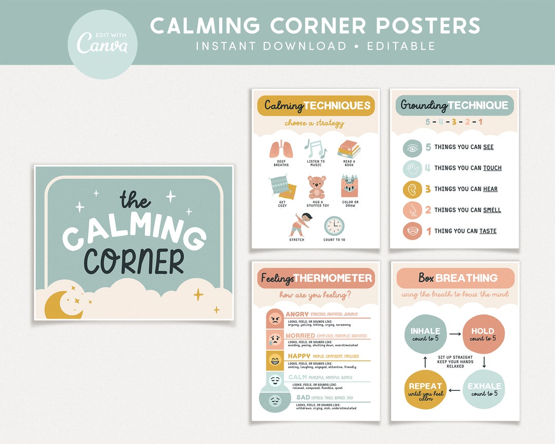 Calming Corner Editable Classroom Printables, Calm Down Skills, Cute ...