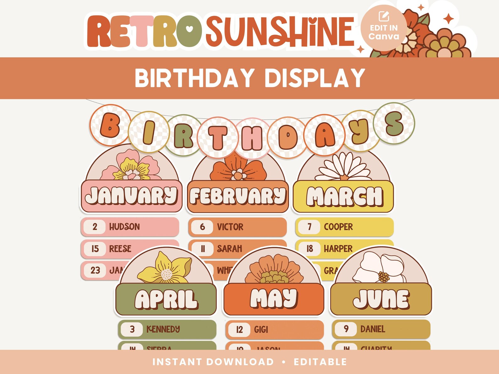 Classroom Birthday Printable Display, Editable in Canva, Groovy Retro ...