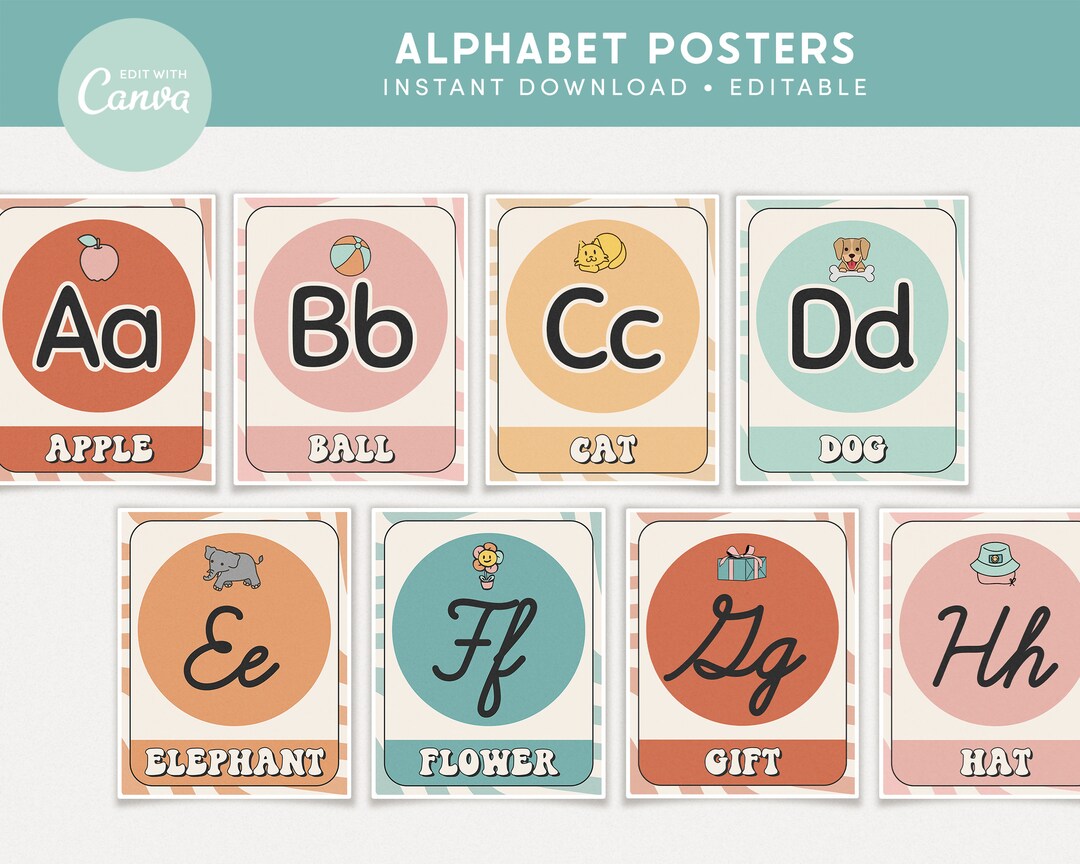 Alphabet Classroom Editable Posters Groovy Letter Templates - Etsy