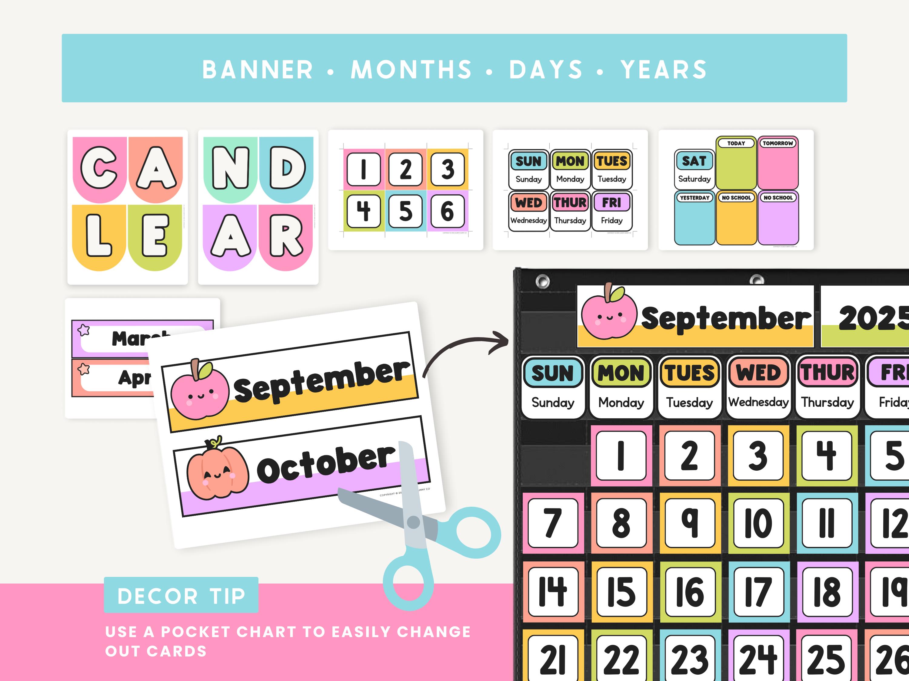 Classroom Calendar Display and Weather Station, Printable Cute Bright ...