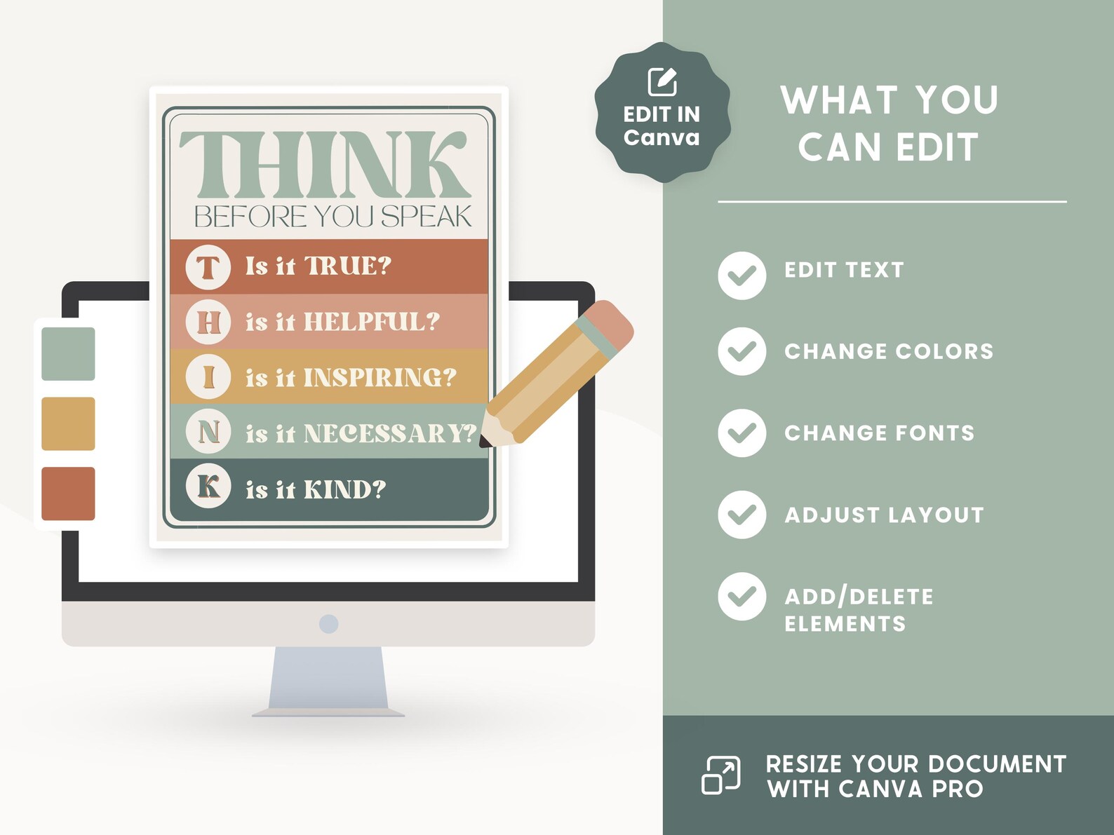 Think Before You Speak Editable Classroom Posters, Printable Canva Boho ...