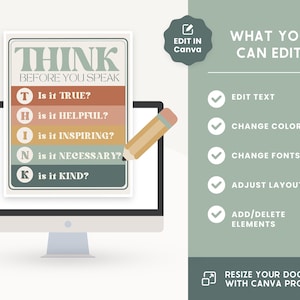 Think Before You Speak Editable Classroom Posters, Printable Canva Boho ...