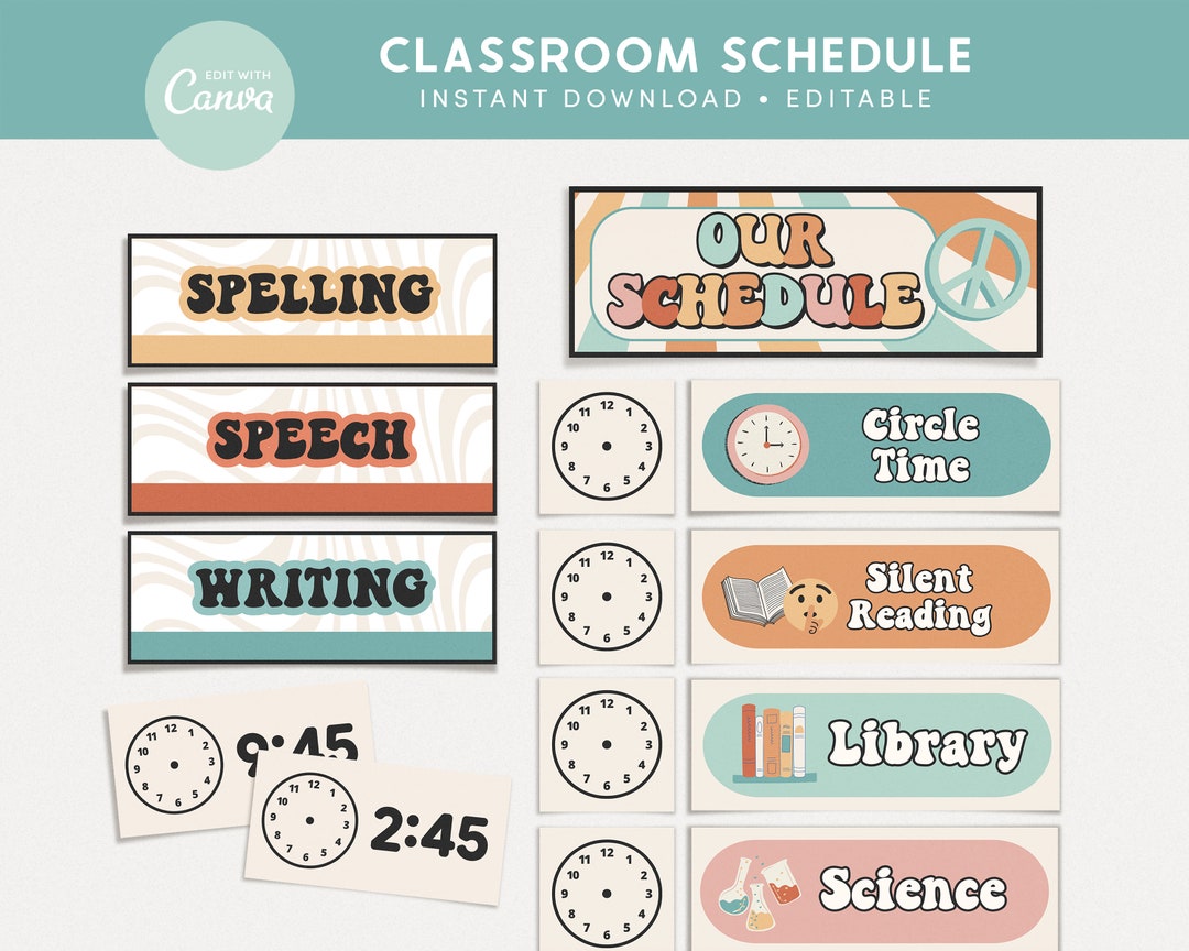 Classroom Schedule, Editable Groovy Canva Template, Retro Classroom ...