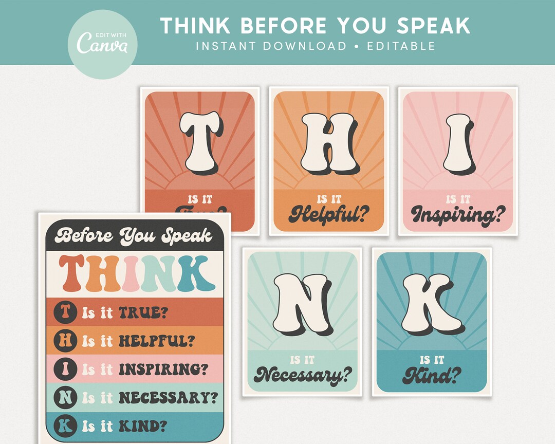 Think Before You Speak Editable Classroom Posters, Printable Canva ...