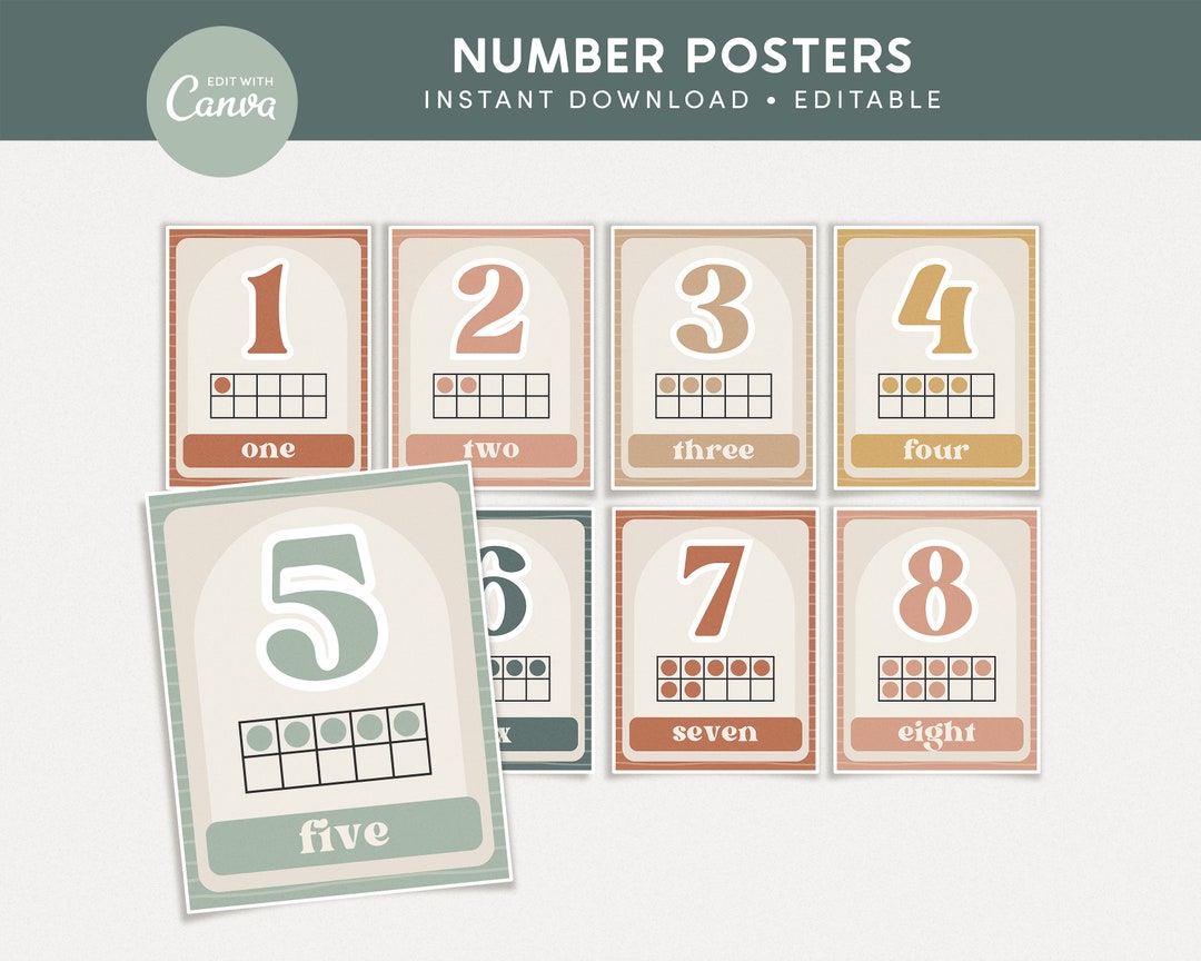 Number Ten Frames Classroom Editable Posters, Modern Boho Counting ...
