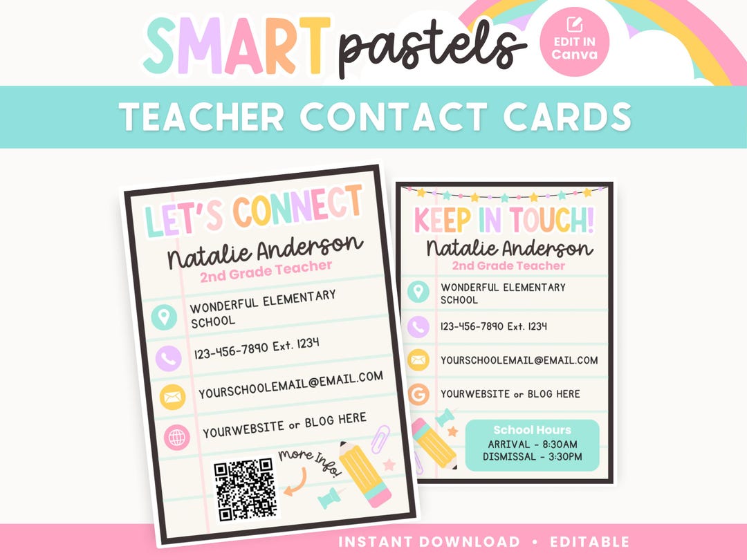 Teacher Contact Cards Classroom Printable Template, Teacher ...