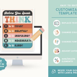 Think Before You Speak Editable Classroom Posters, Printable Canva ...