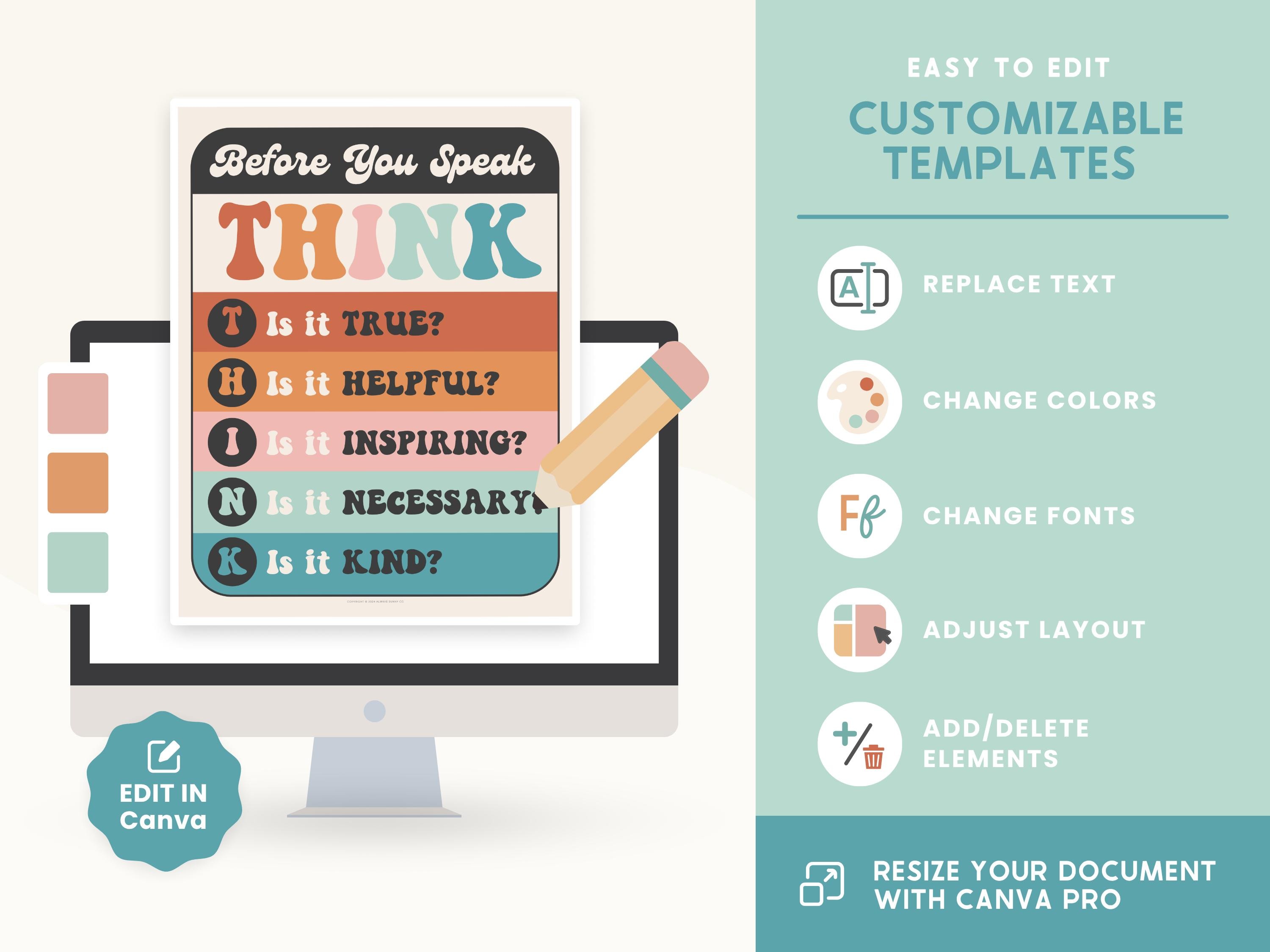 Think Before You Speak Editable Classroom Posters, Printable Canva ...