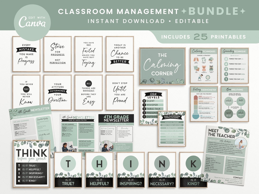 Editable Classroom Management Printable Bundle, Boho Greenery Growth ...