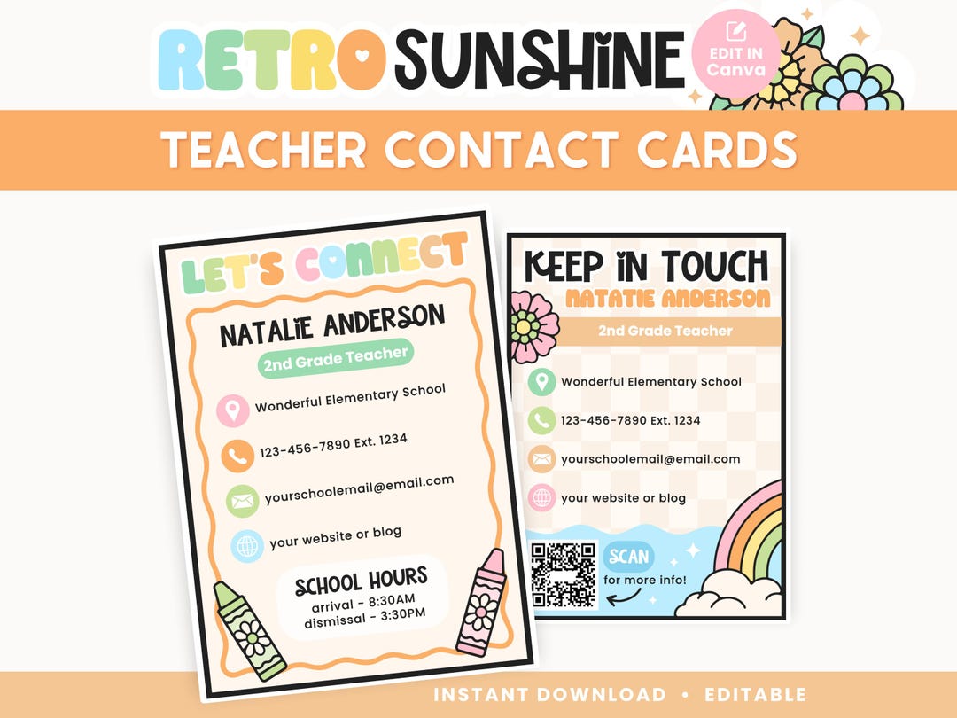 Teacher Contact Cards Editable Canva | Retro Sunshine Classroom Decor ...