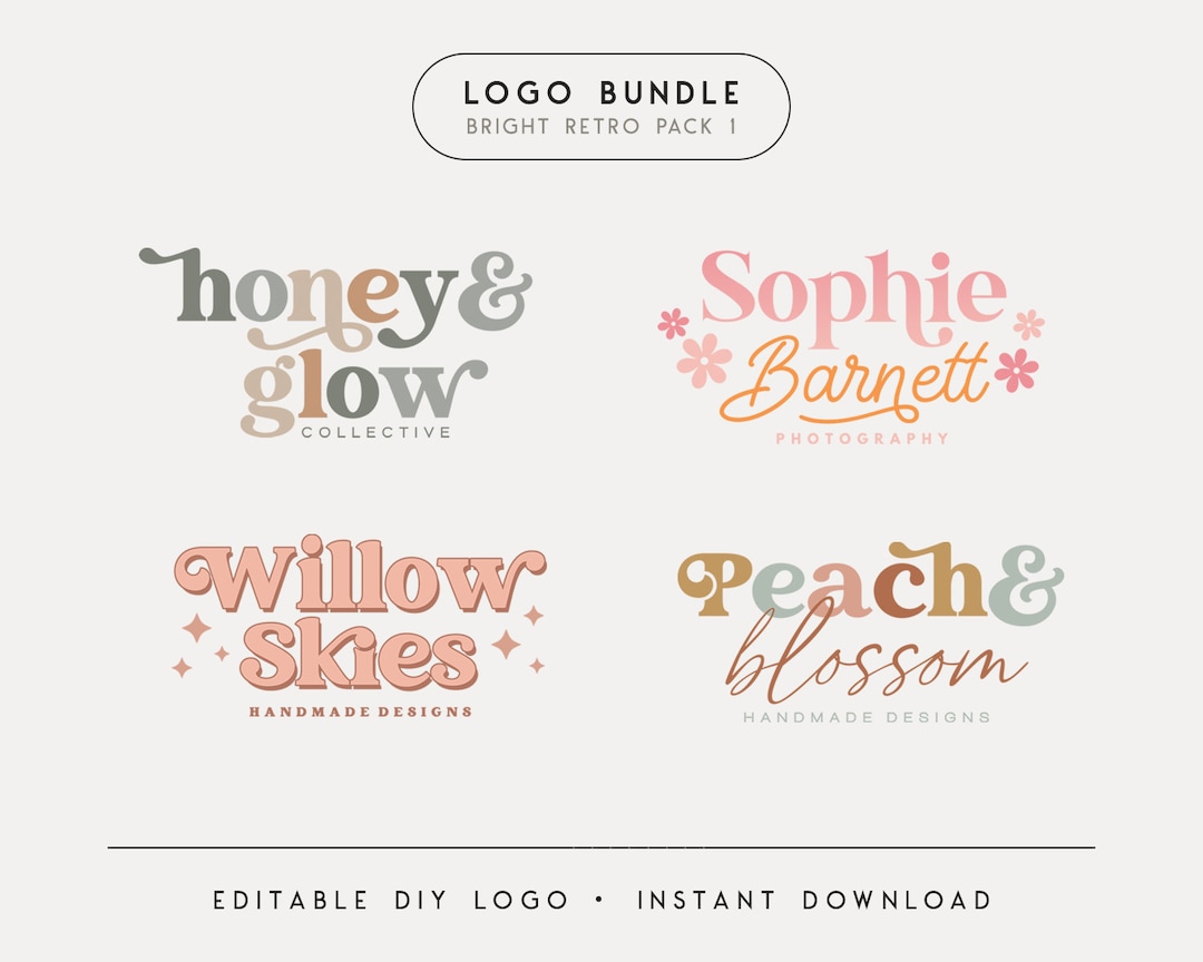 Editable Logo Design, DIY Retro Boho Logo Bundle, Cute Photography Logo ...