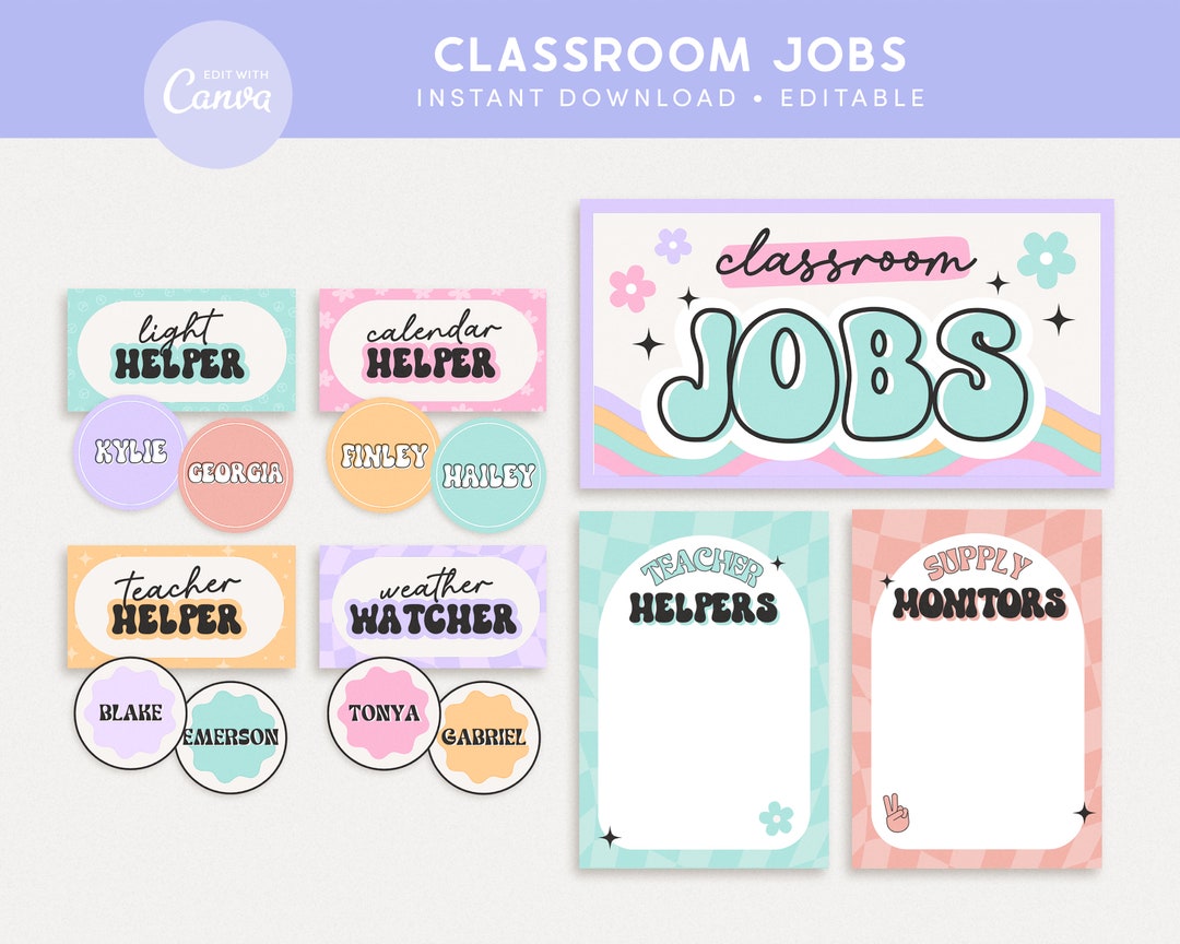 Classroom Job Display, Editable Canva Templates, Groovy Pastel ...