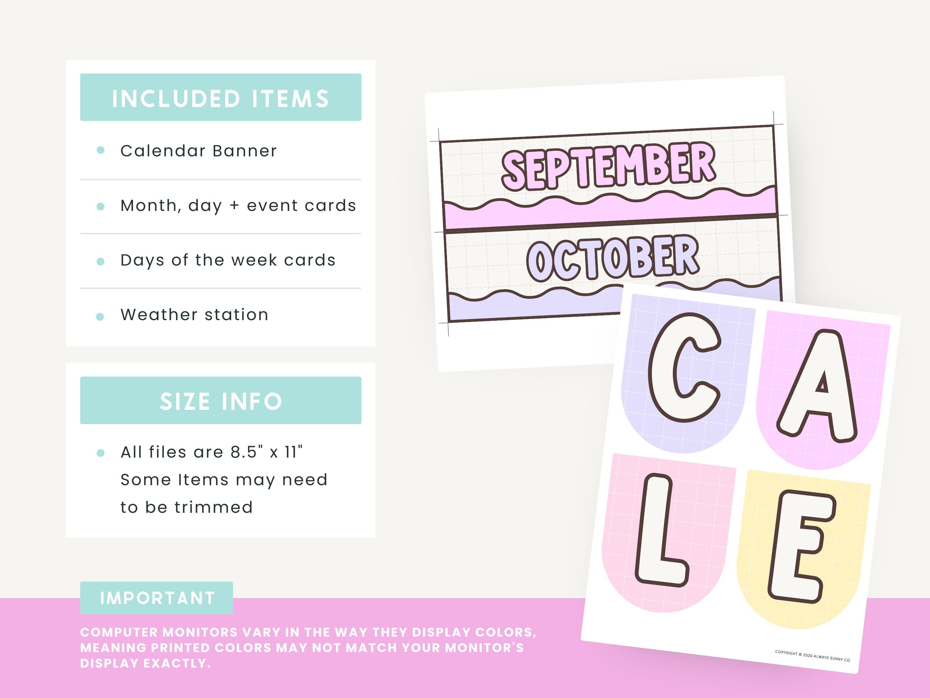 Classroom Calendar Display and Weather Station, Printable Cute Pastel ...