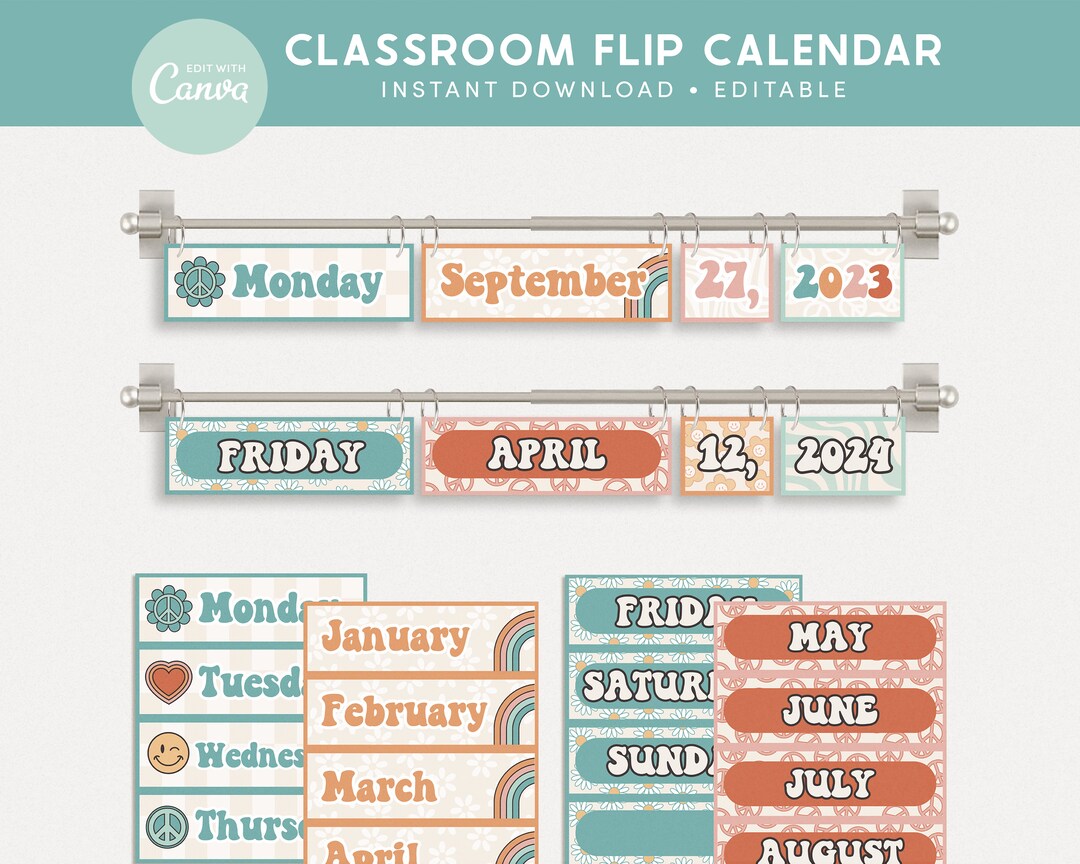 Classroom Flip Calendar Display, Groovy Retro Classroom Decor, Editable ...