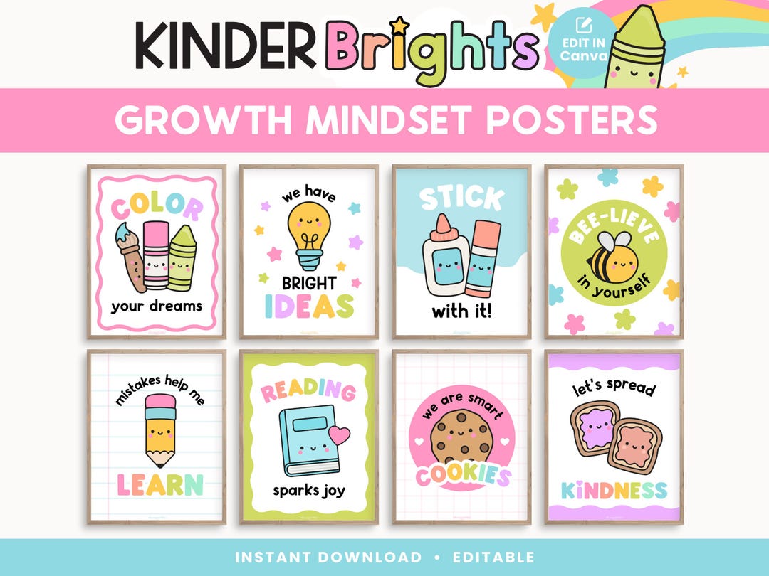 Growth Mindset Editable Classroom Printable Posters, Bright Kinder ...