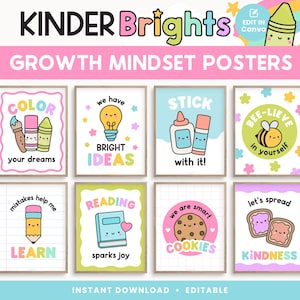 Growth Mindset Editable Classroom Printable Posters, Bright Kinder ...