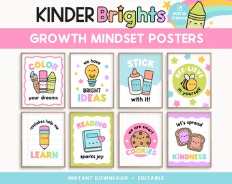 Growth Mindset Editable Classroom Printable Posters, Bright Rainbow ...