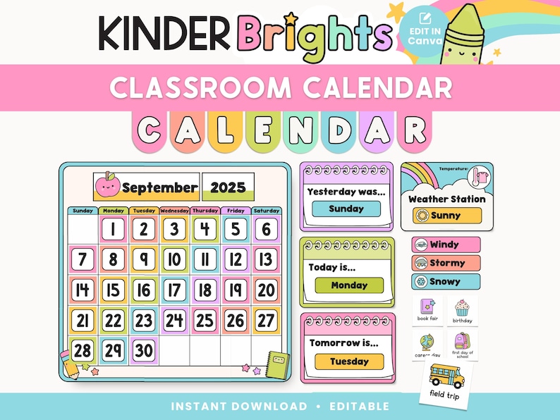 Classroom Calendar Display and Weather Station, Printable Cute Bright ...