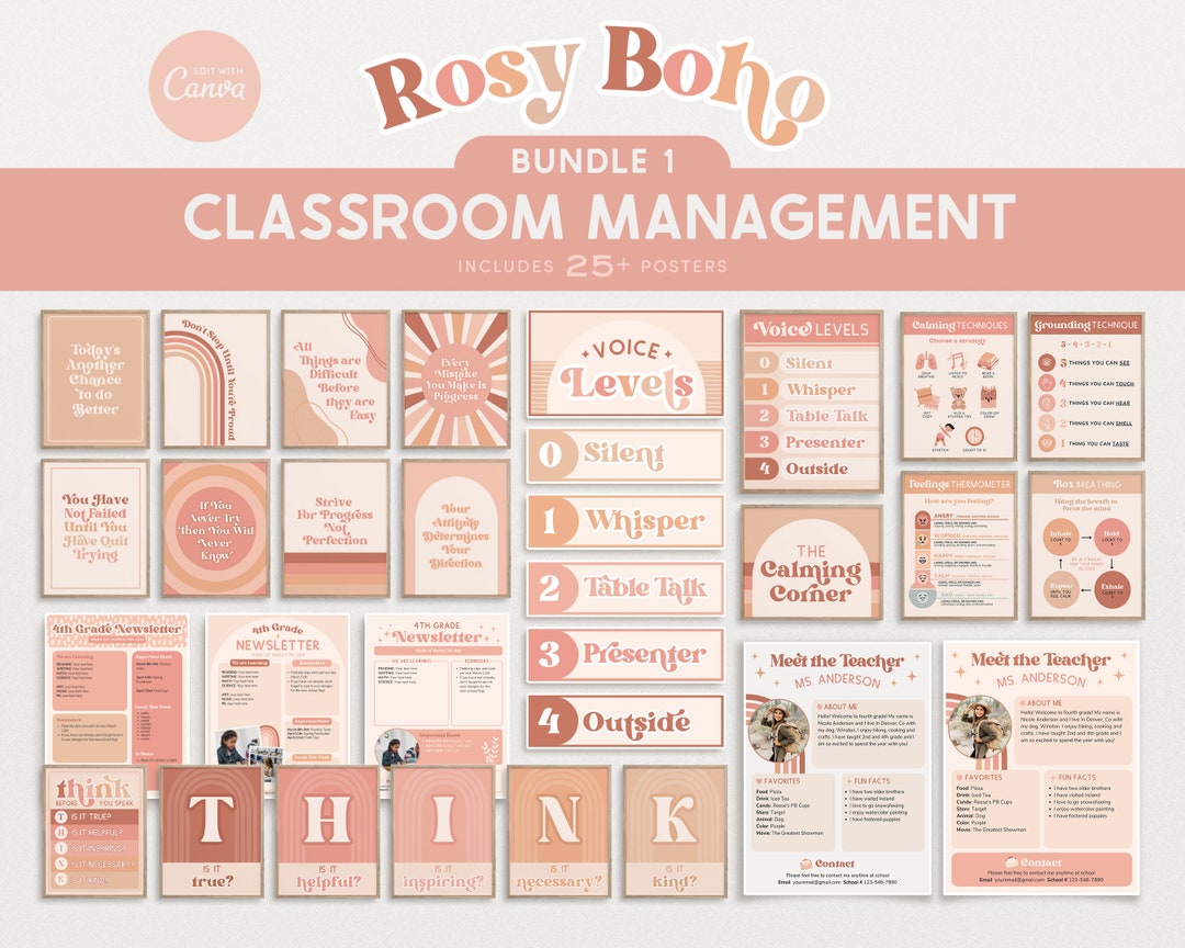 Editable Classroom Management Printable Bundle, Neutral Boho Canva ...
