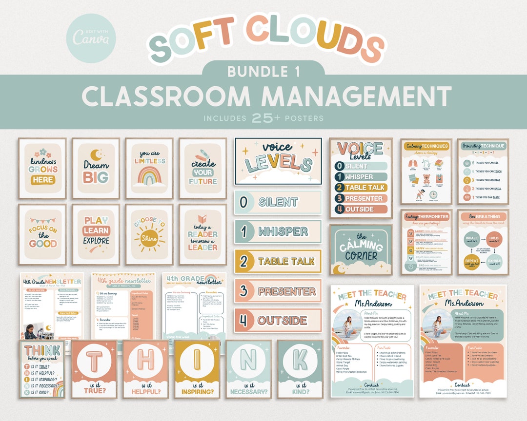 Editable Classroom Management Bundle, Cute Boho Canva Editable Files ...
