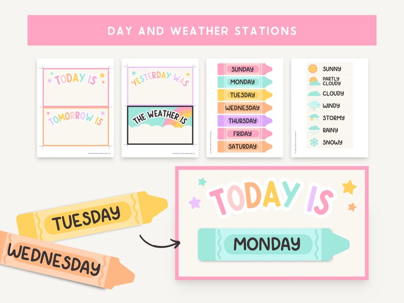 Classroom Calendar Display and Weather Station, Printable Bright Pastel ...