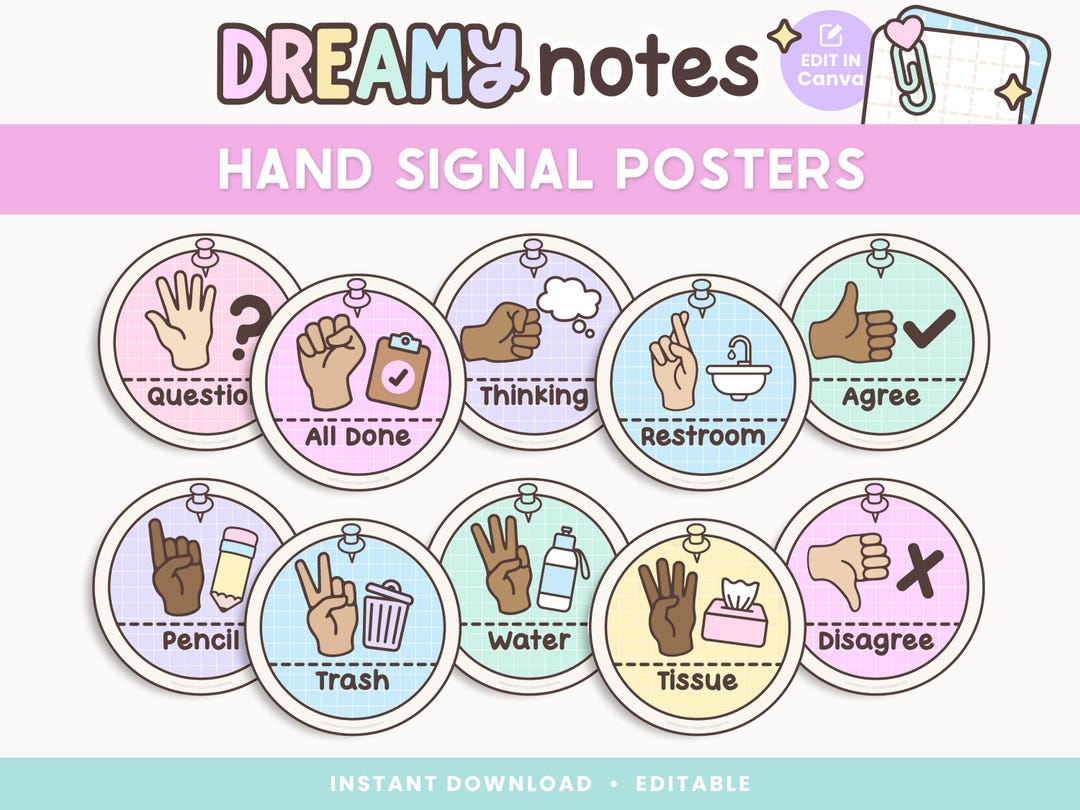 Classroom Hand Signals Poster Display, Editable in Canva, Pastel ...