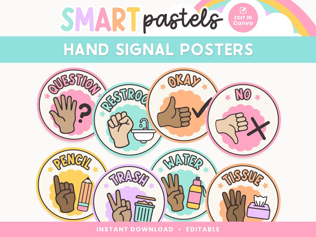 Classroom Hand Signals Poster Display, Editable in Canva, Bright ...