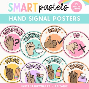Classroom Hand Signals Poster Display, Editable in Canva, Bright ...