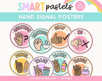 Classroom Hand Signals Poster Display, Editable in Canva, Bright ...