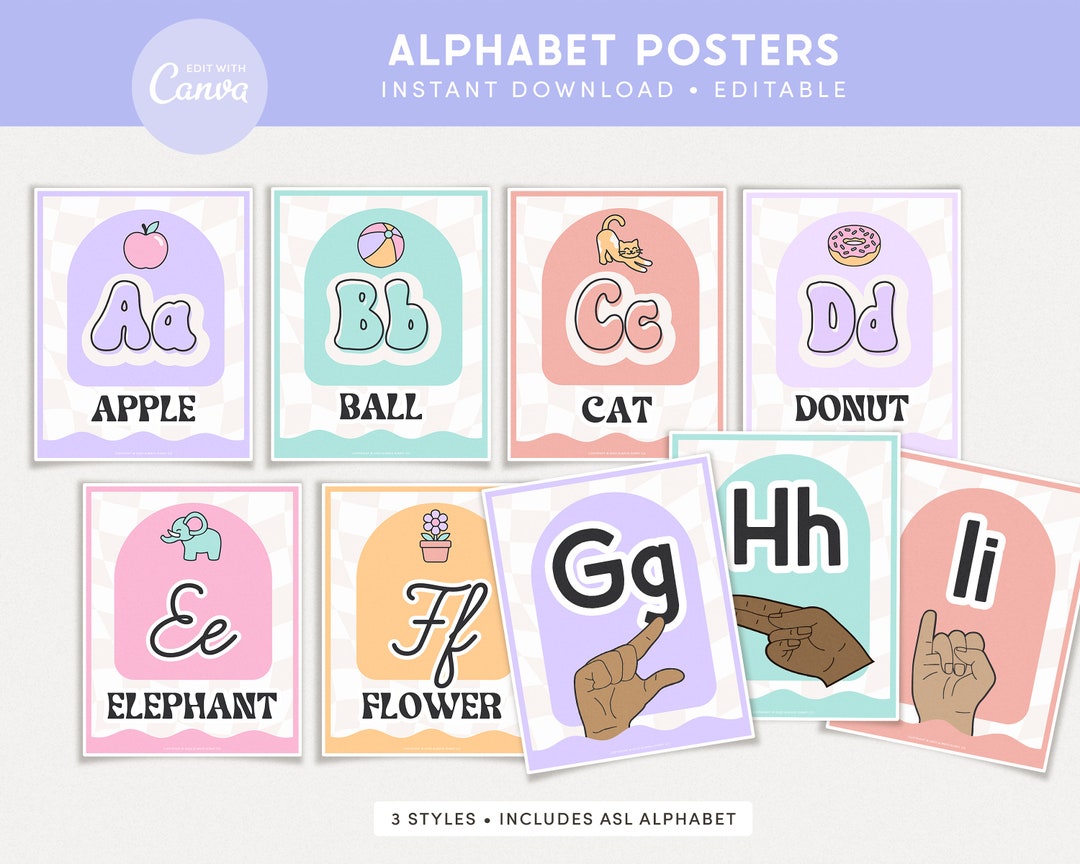 Alphabet Classroom Editable Posters, ASL Letter Templates, Retro Groovy ...