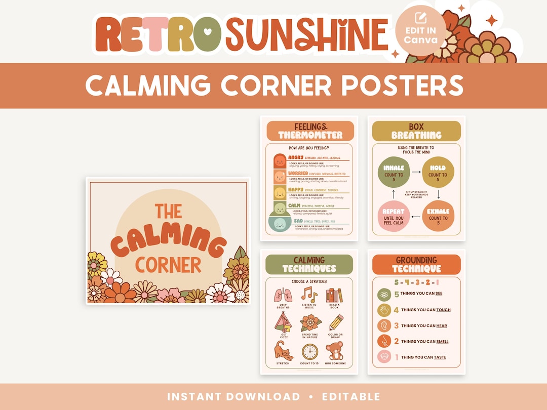 Calming Corner Editable Classroom Printables, Calm Down Skills, Canva ...