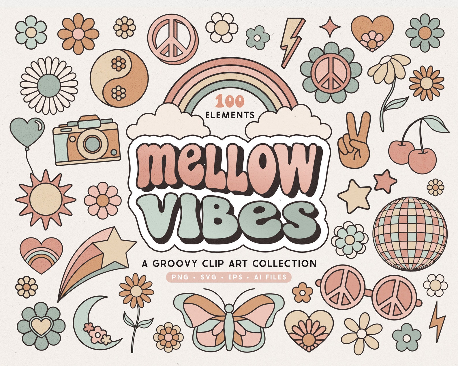 Groovy Retro Clip Art SVGS, Pngs, EPS, AI Files, Mellow Vibes Flower ...