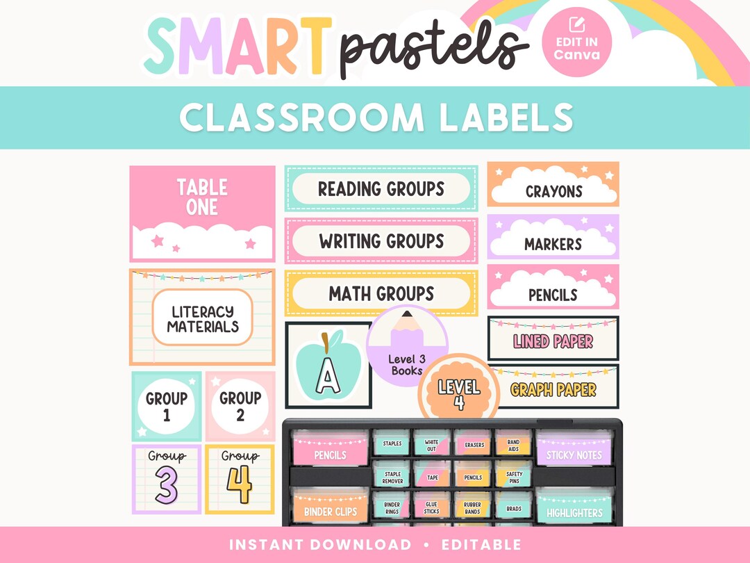 Classroom Labels Editable Templates, Bright Pastels Classroom ...