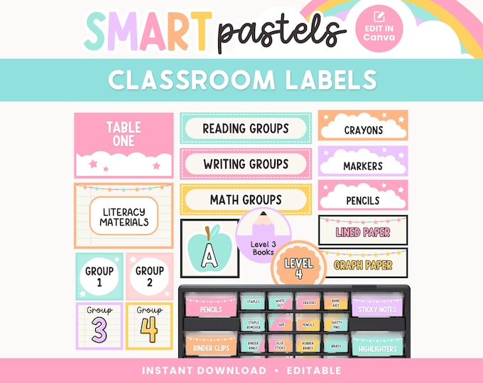 Classroom Labels Editable Templates, Bright Pastels Classroom ...