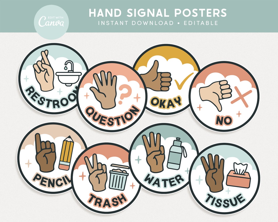 Classroom Hand Signals Poster Display, Editable in Canva, Pastel Clouds ...