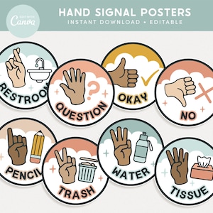 Classroom Hand Signals Poster Display, Editable in Canva, Pastel Clouds ...