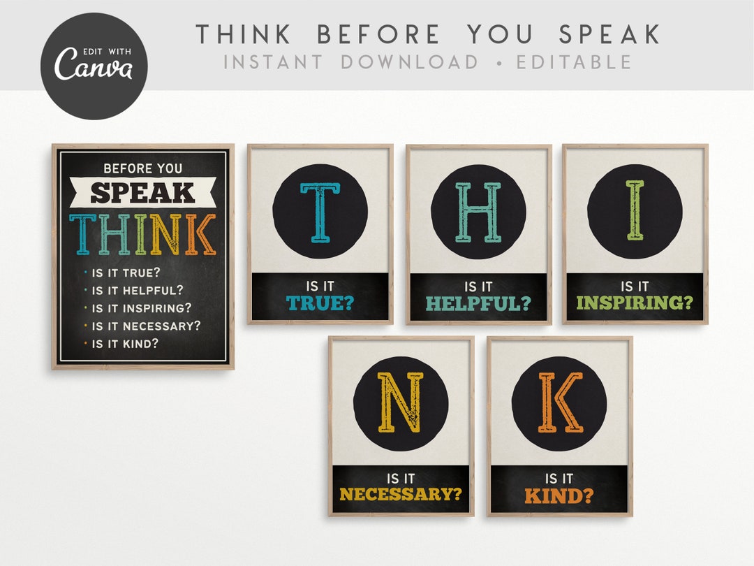 Editable Think Classroom Printable Posters, Think Before You Speak ...