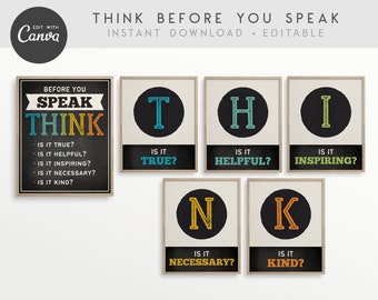 Editable Think Classroom Printable Posters, Think Before You Speak ...