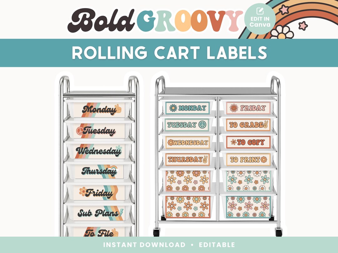 Classroom Rolling Trolley Cart Labels, Groovy Editable Teacher Drawer ...