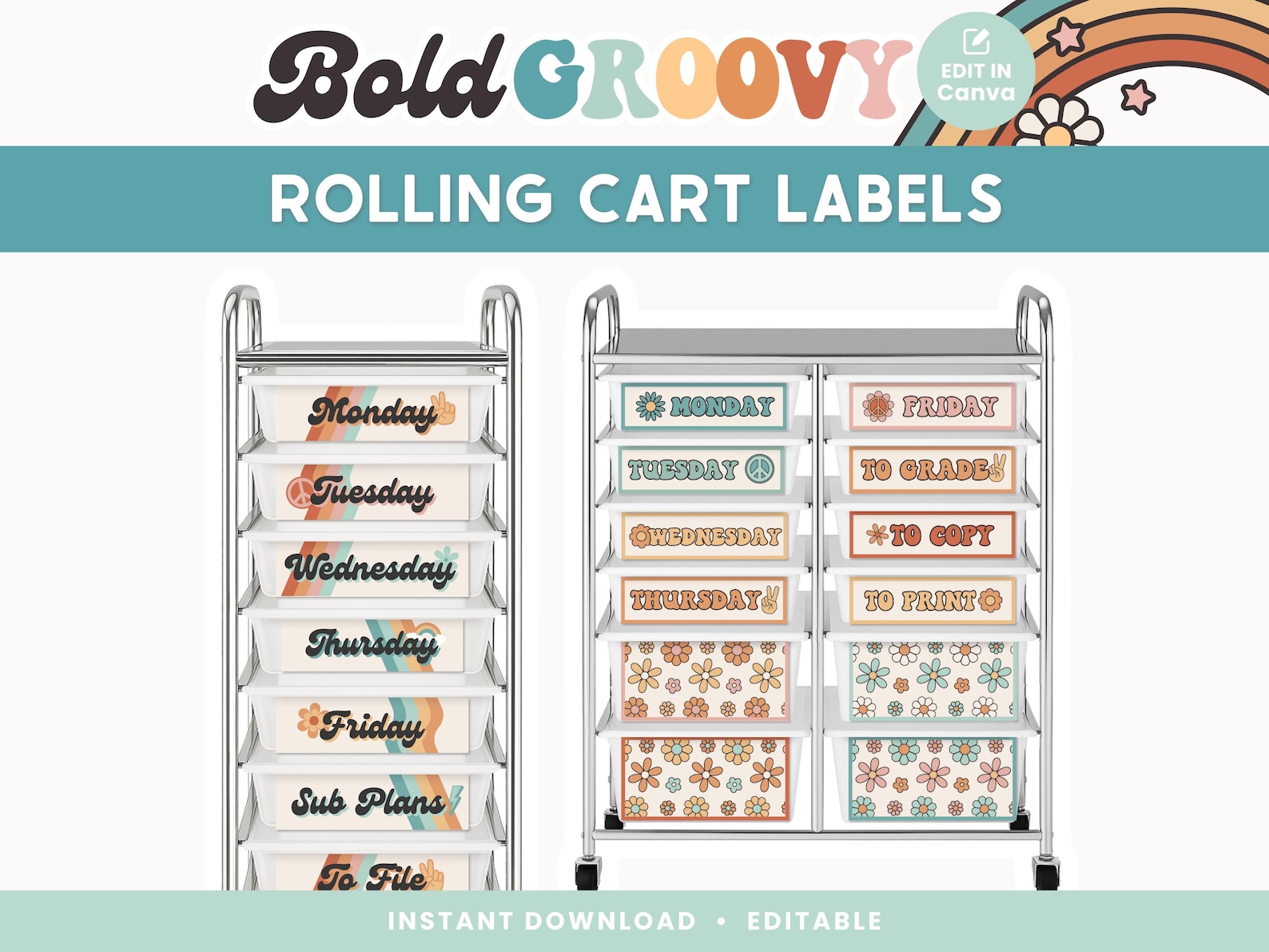 Classroom Rolling Trolley Cart Labels, Groovy Editable Teacher Drawer ...